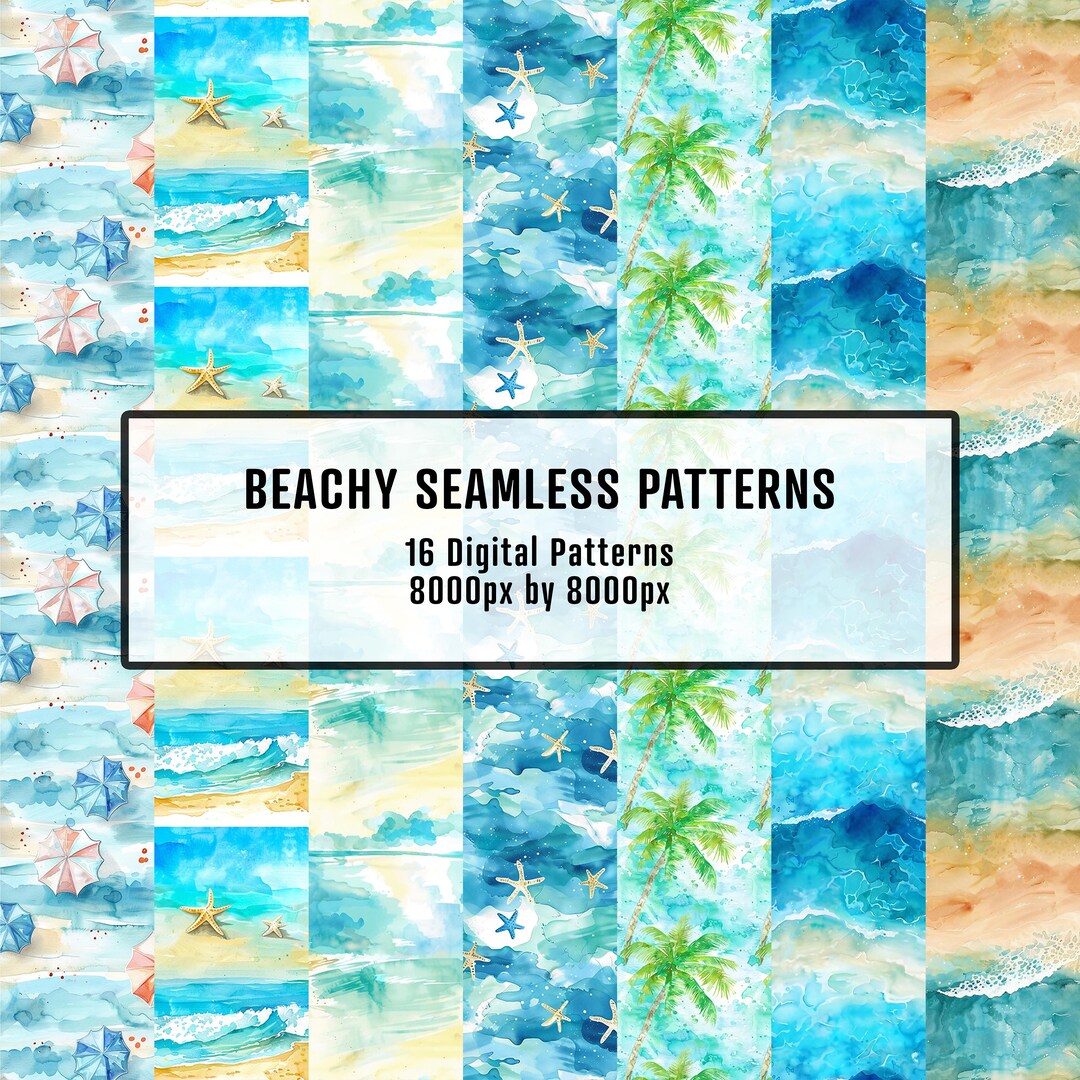 Tropical Beach Watercolor Backgrounds - Seamless Patterns, Ocean, Sand ...