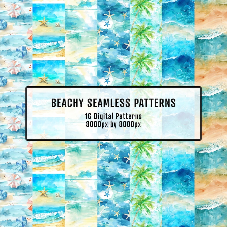 Tropical Beach Watercolor Backgrounds Seamless Patterns, Ocean, Sand ...