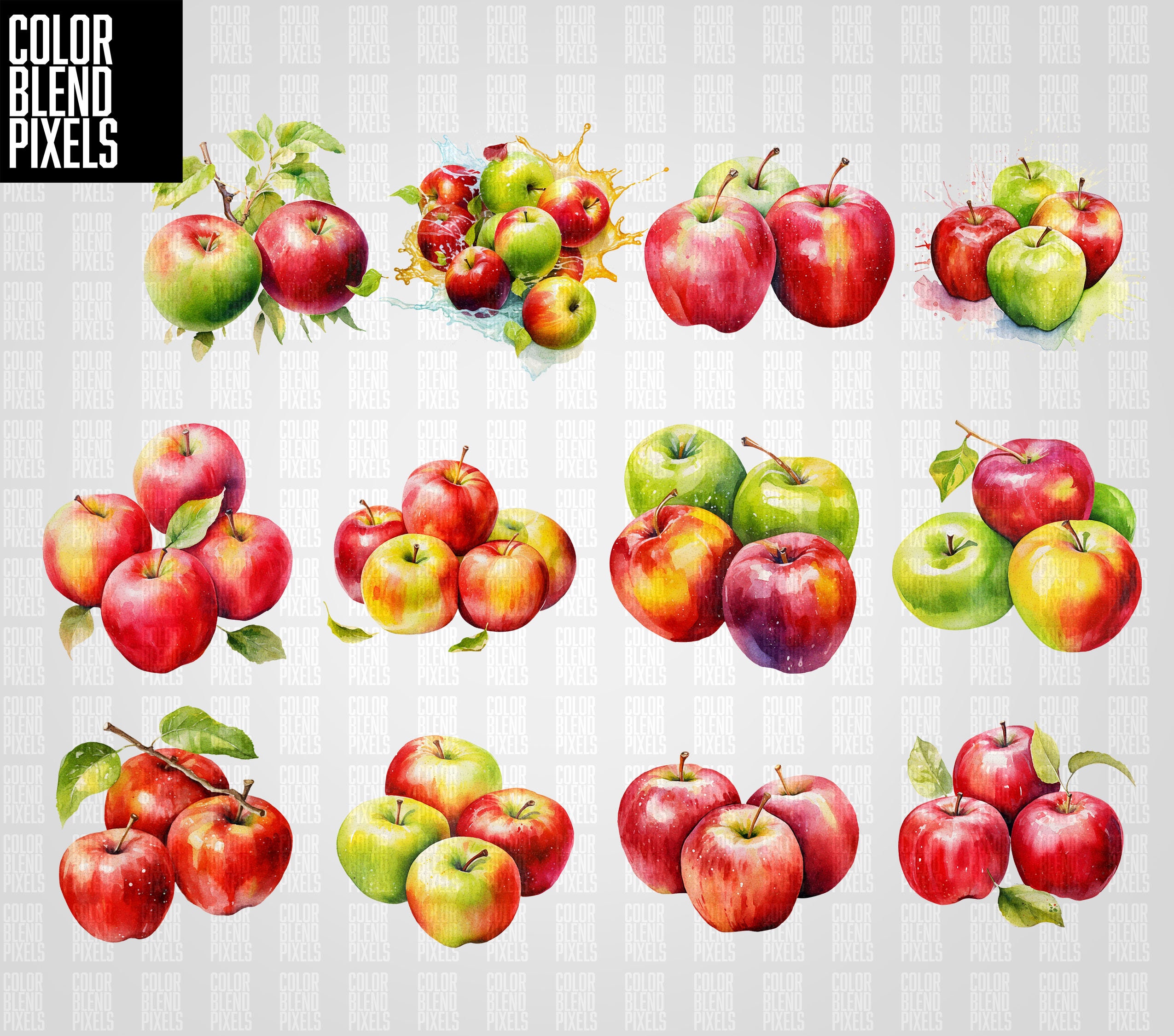 Watercolor Apples Clipart Bundle - 12 PNG Transparent Background Apples ...