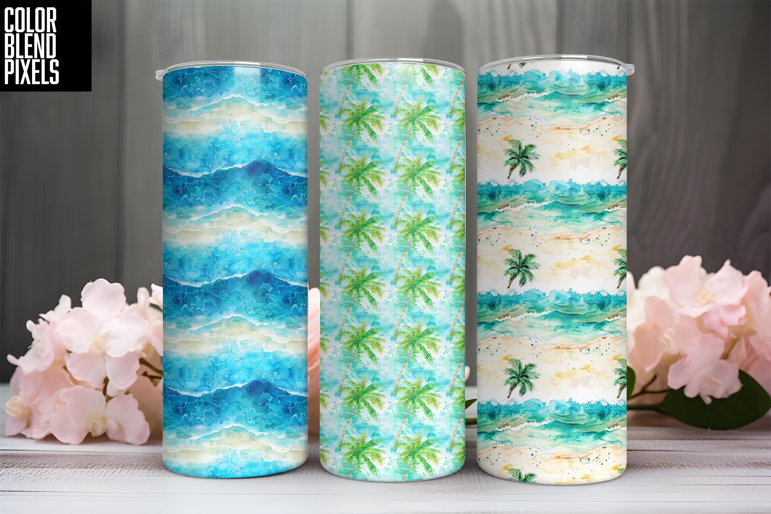 Tropical Beach Watercolor Backgrounds - Seamless Patterns, Ocean, Sand ...