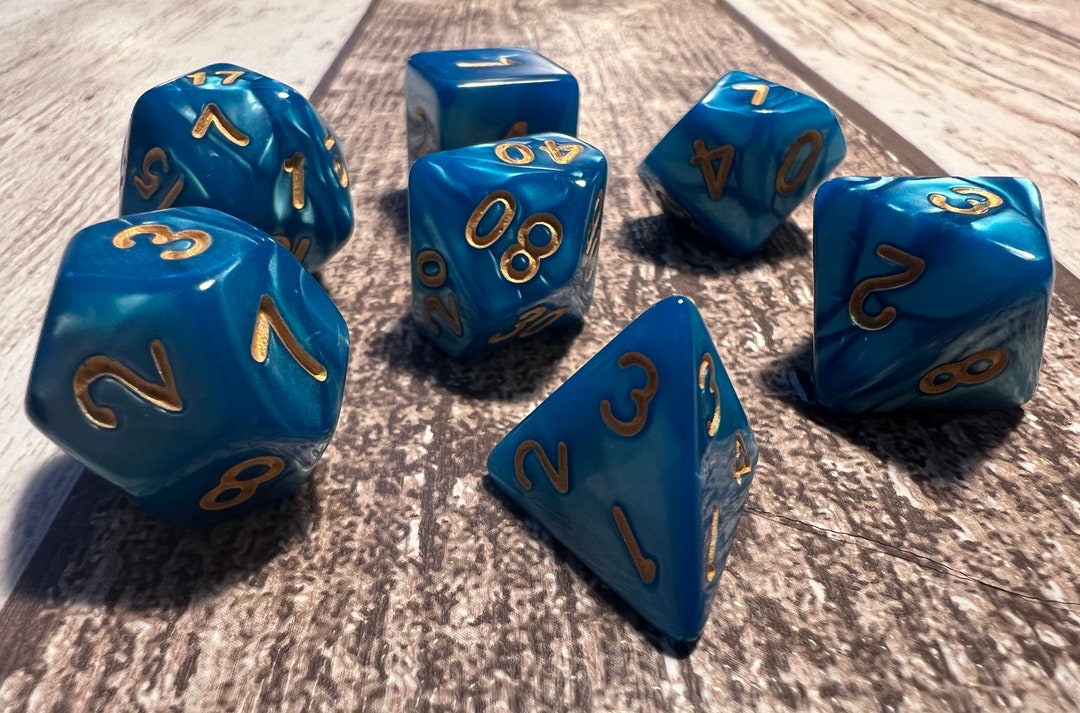 Light Blue With Gold Numbers Role Play Dice Set. Set of 7 Dice ...