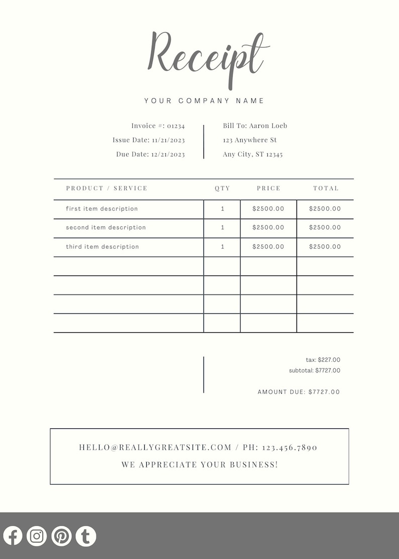 Small Business Receipt Template Business Invoice Canva - Etsy