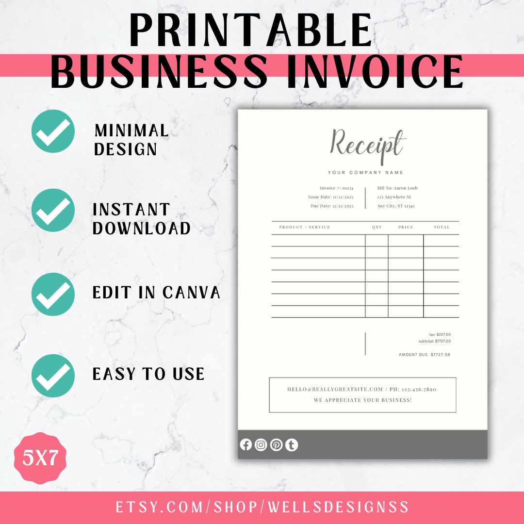 Small Business Receipt Template Business Invoice Canva - Etsy