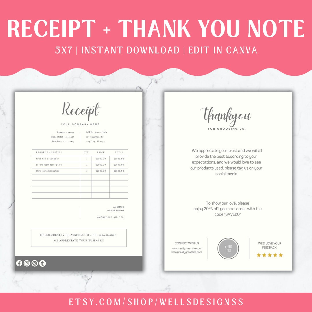 Small Business Receipt Template Business Invoice Canva - Etsy