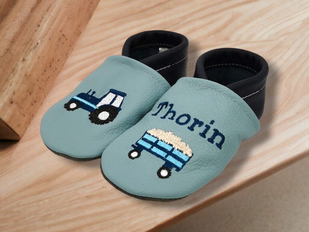 Organic Crawling Shoes Leather Slippers Personalized Tractor Tractor - Etsy