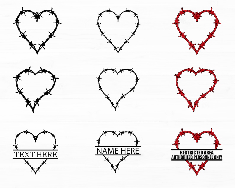 Barbed Wire Hearts Svg Bundle Barb Wire Heart Split Monogram Frame ...