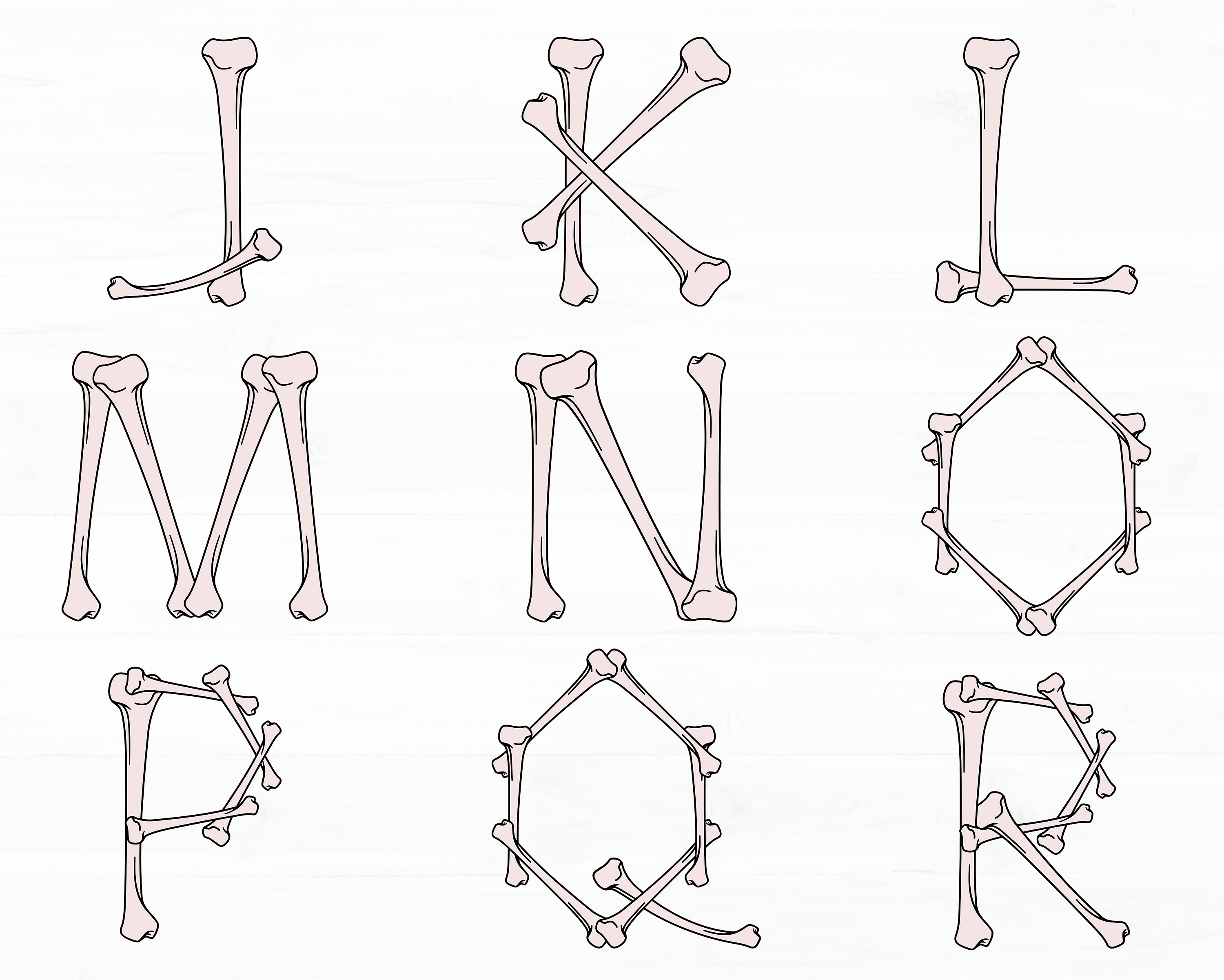Bone Monogram Alphabet Svg Halloween Bones Alphabet Bones Clipart ...