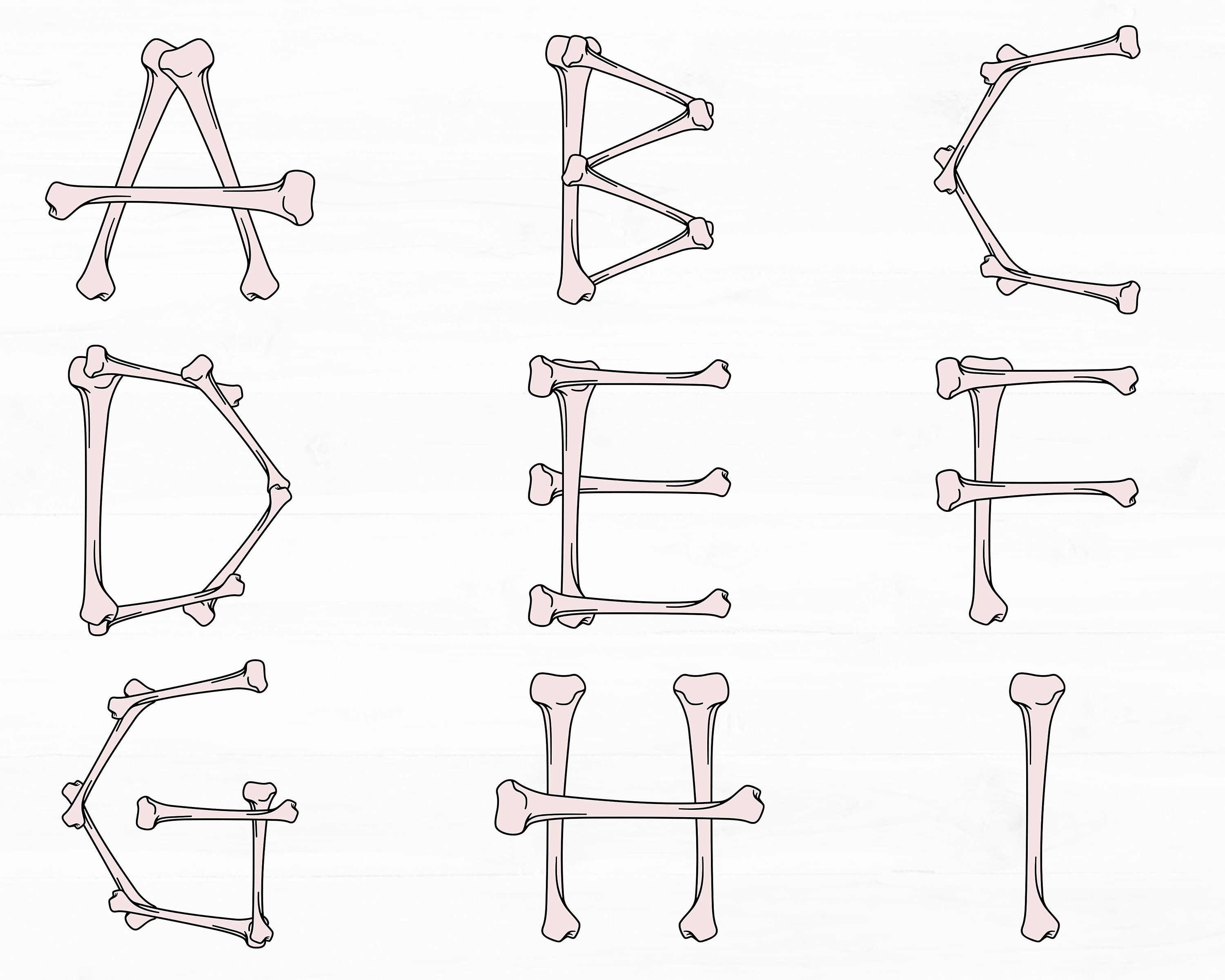 Bone Monogram Alphabet Svg Halloween Bones Alphabet Bones Clipart ...