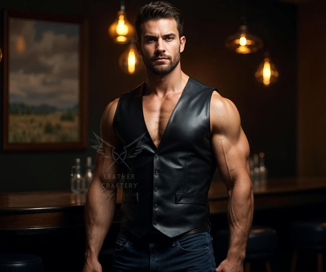 Men’s Leather Biker Vest - Handmade Real Sheep Leather Waistcoat ...