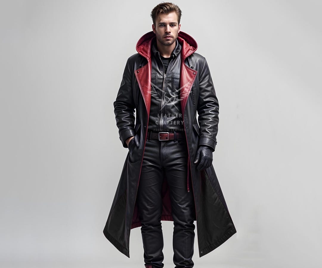 Genuine Leather Black Hooded Trench Coat – Gothic Cyberpunk Duster ...