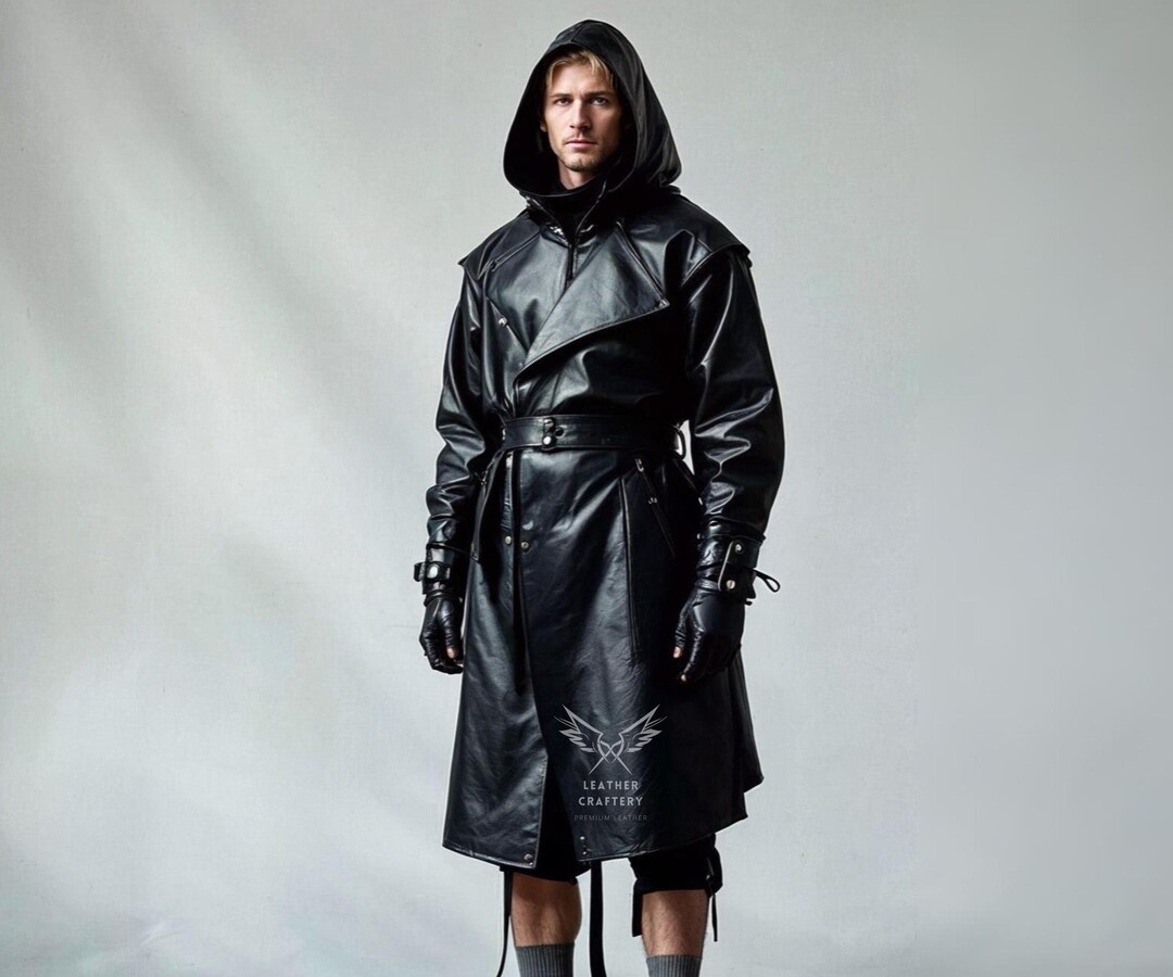 Knightfall Hooded Leather Trench – Black Gothic Cyberpunk Duster Jacket ...