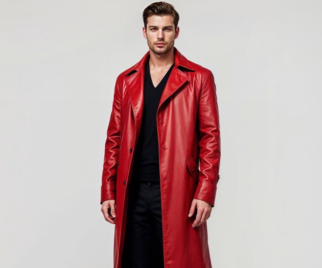 Men's Red Genuine Leather Trench Coat - Long Gothic Matrix Style ...