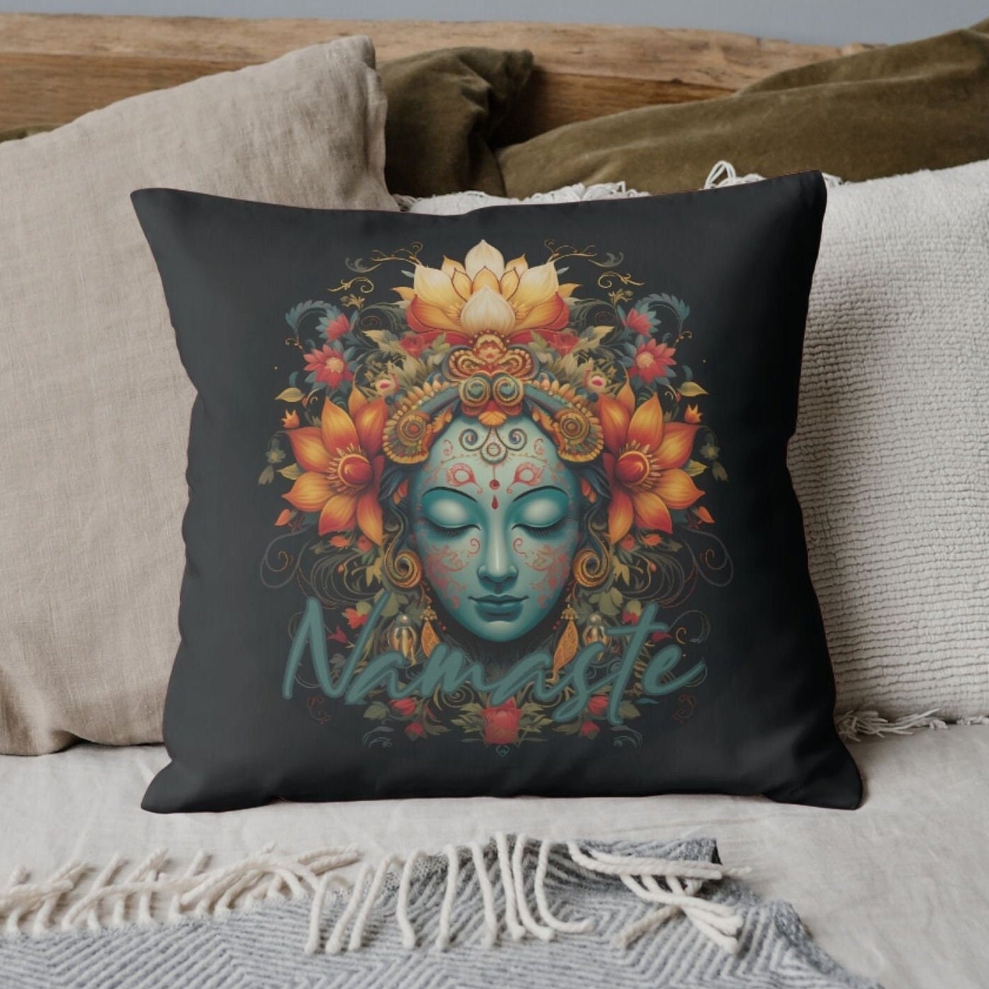 Spiritual Namaste Goddess Throw Pillow Floral Meditation Cushion Buddha ...