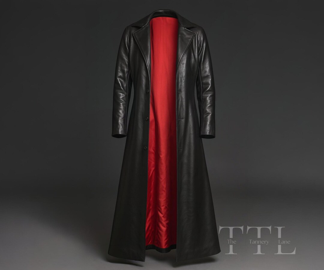 Gabardina de cuero negro auténtico con forro rojo - Abrigo largo estilo ...