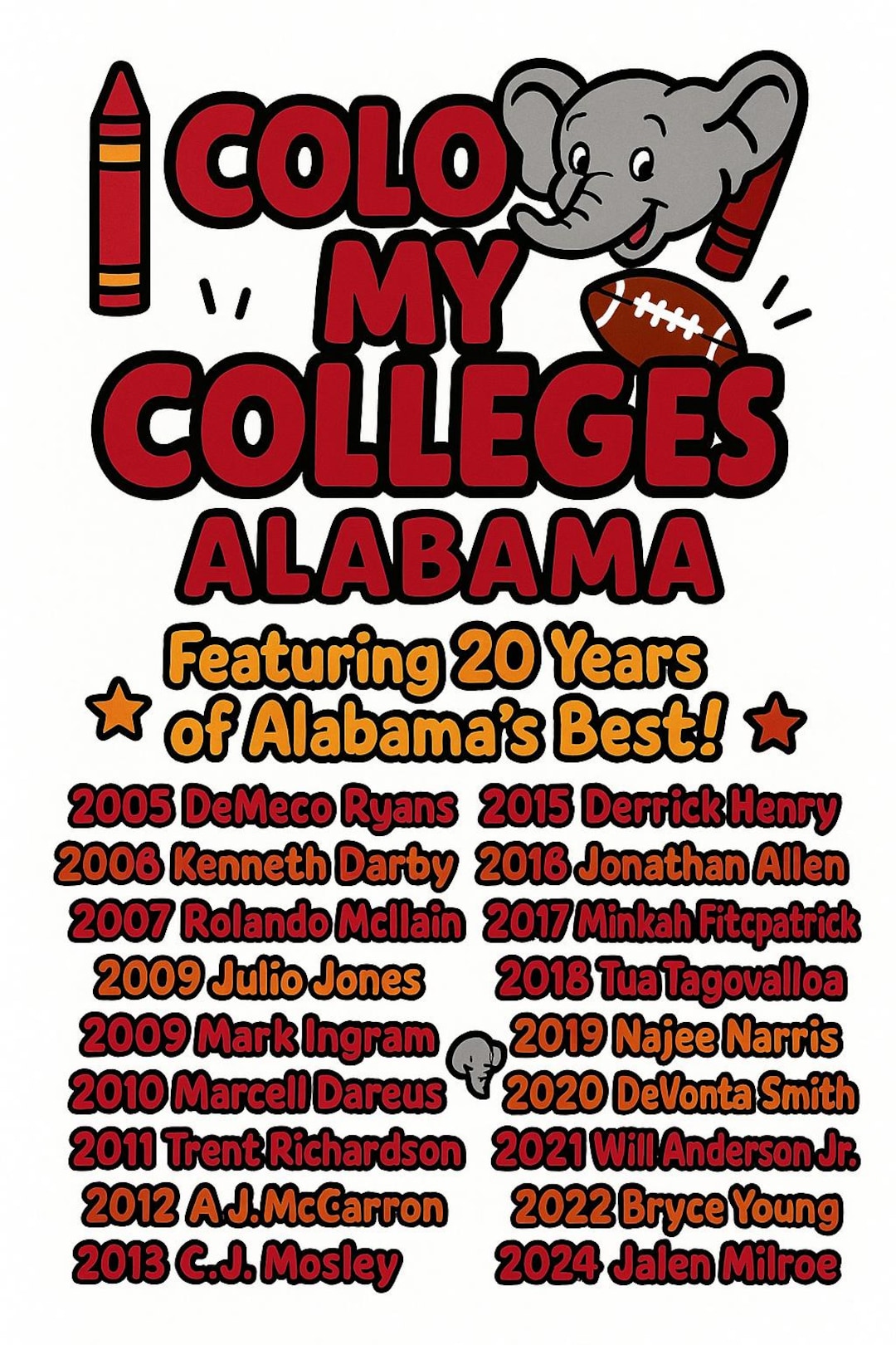 Color My College – 20 Years of Bama Stars for Kids to Color (devonta ...
