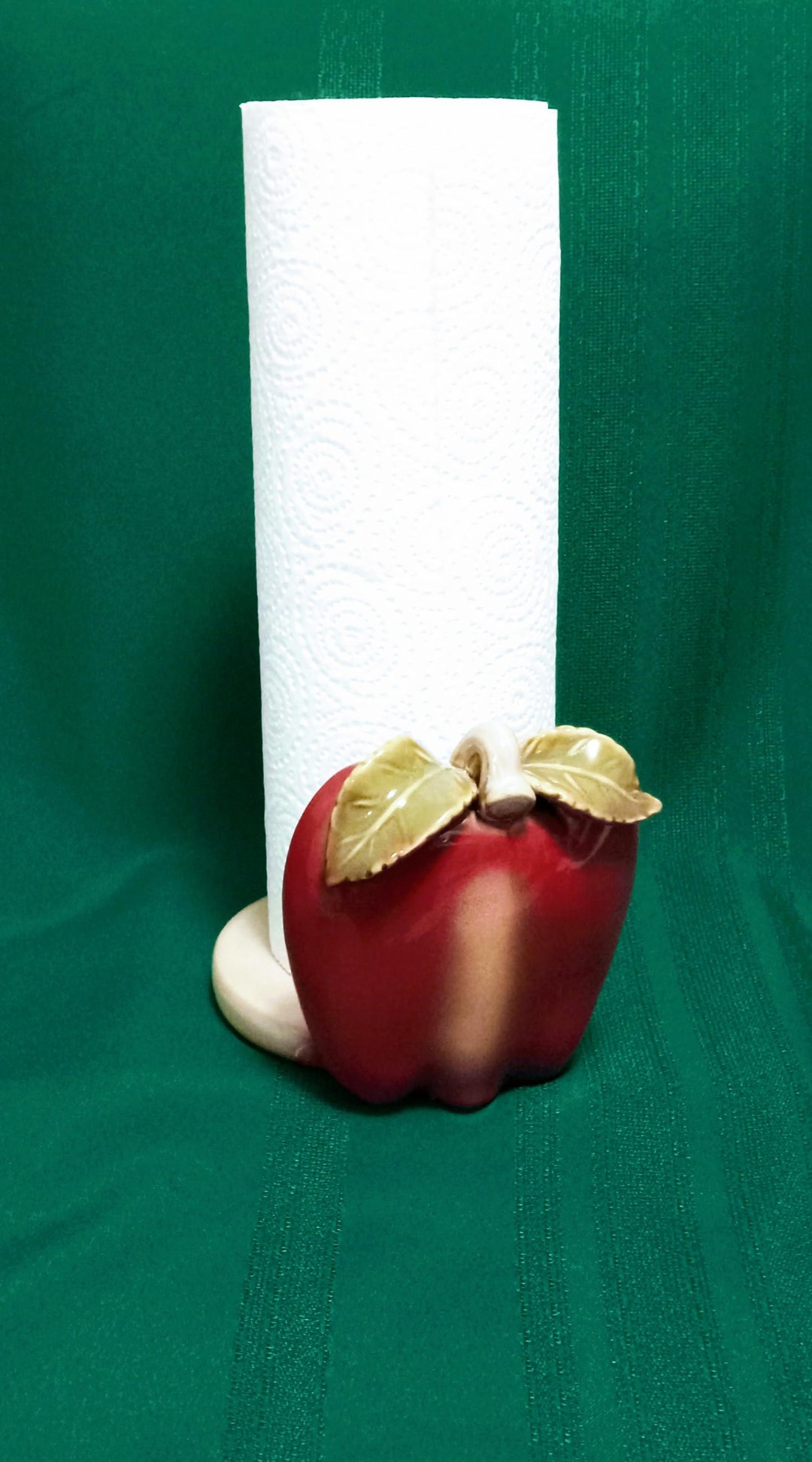 Crock Paper Towel Holder. Red Apple With Green Leaves. Light Brown Stem ...