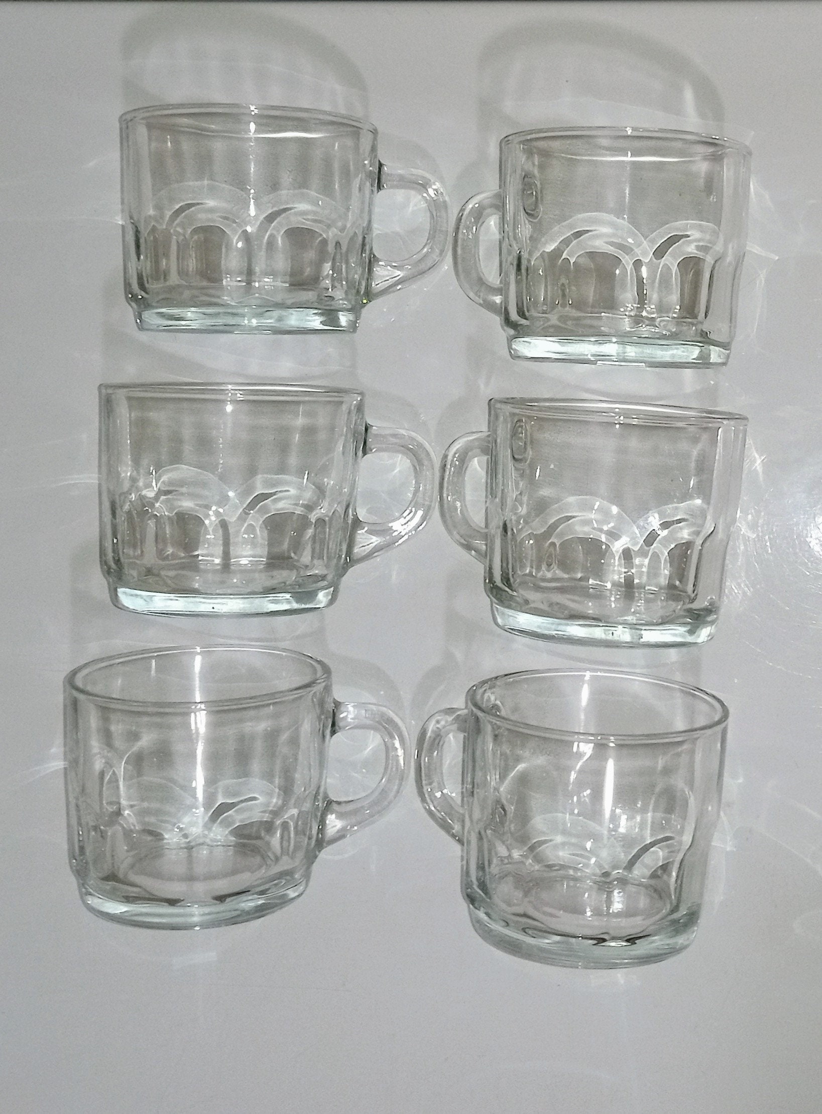 Set of 6 Rare Arcoroc Thumbprint, Clear Glass Cups With Handles. Made ...