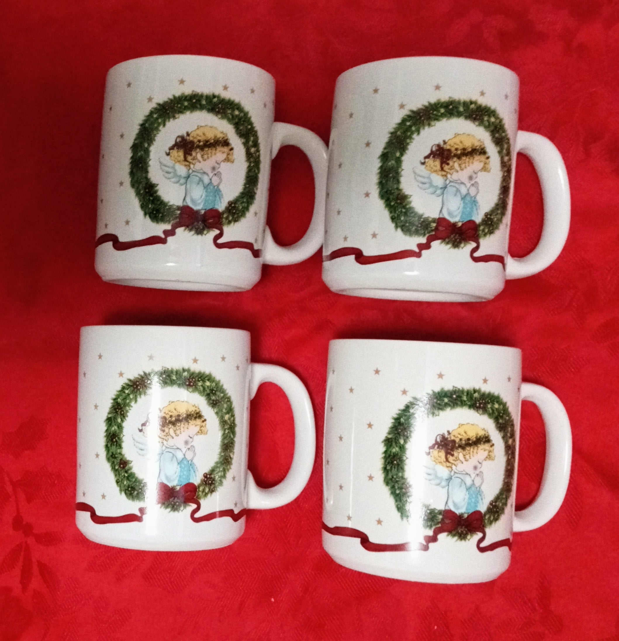 4 Praying Angel Mugs. With A Wreath and Red Bow Sourounded by - Etsy