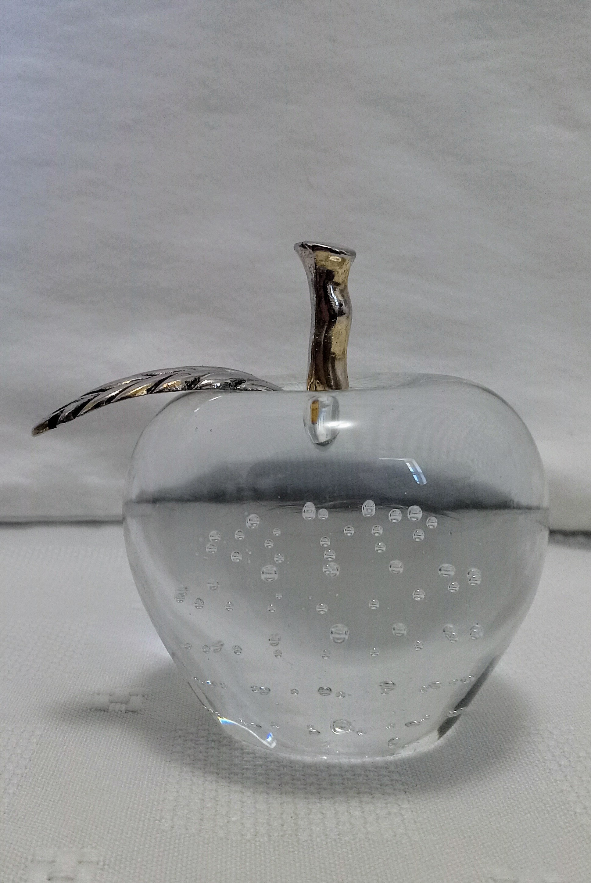 Blown Glass Apples. 1 is Clear With A Sterling Silver Stem and Leaf. 2 ...