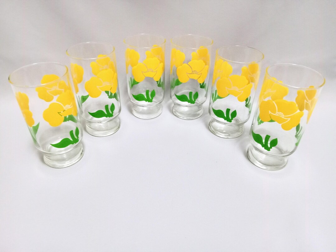 6- 14oz. Anchor Hocking Yellow Foxy Flowers Glasses. Bright Yellow ...