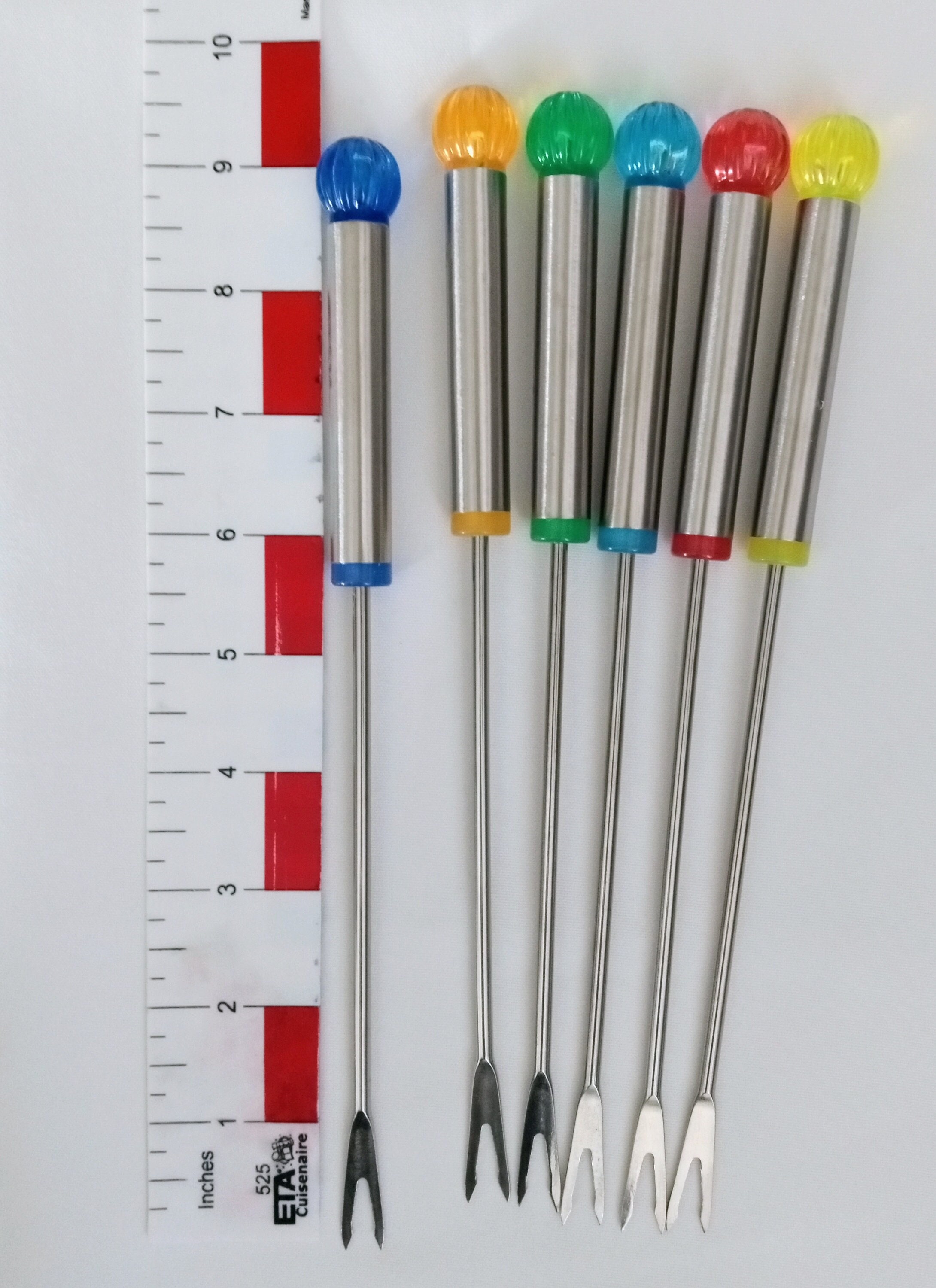 6 Hoffritz 1932-1996 Stainless Steel Fondue Forks in 6 Different Colors ...