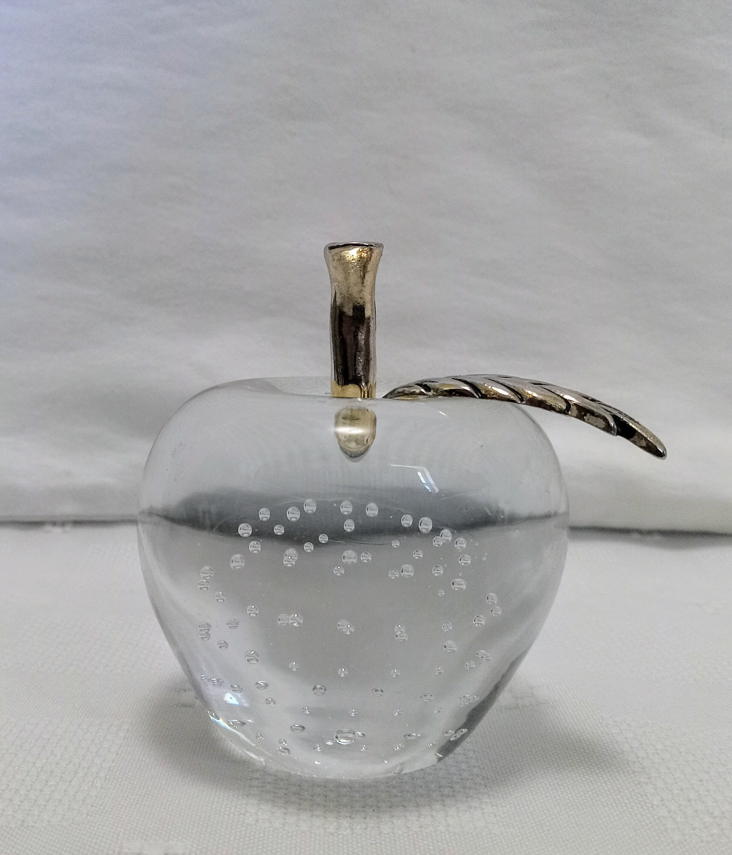Blown Glass Apples. 1 is Clear With A Sterling Silver Stem and Leaf. 2 ...