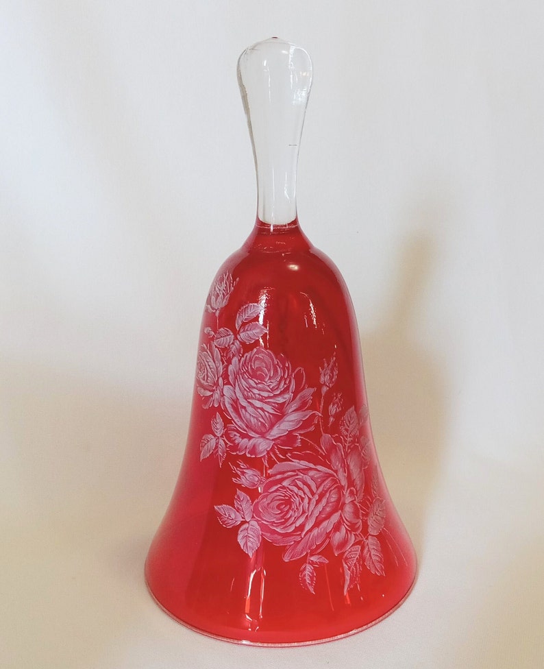 Ruby Red Blown Glass Bell With Hand Painted White Roses. 2 Clear Handle ...