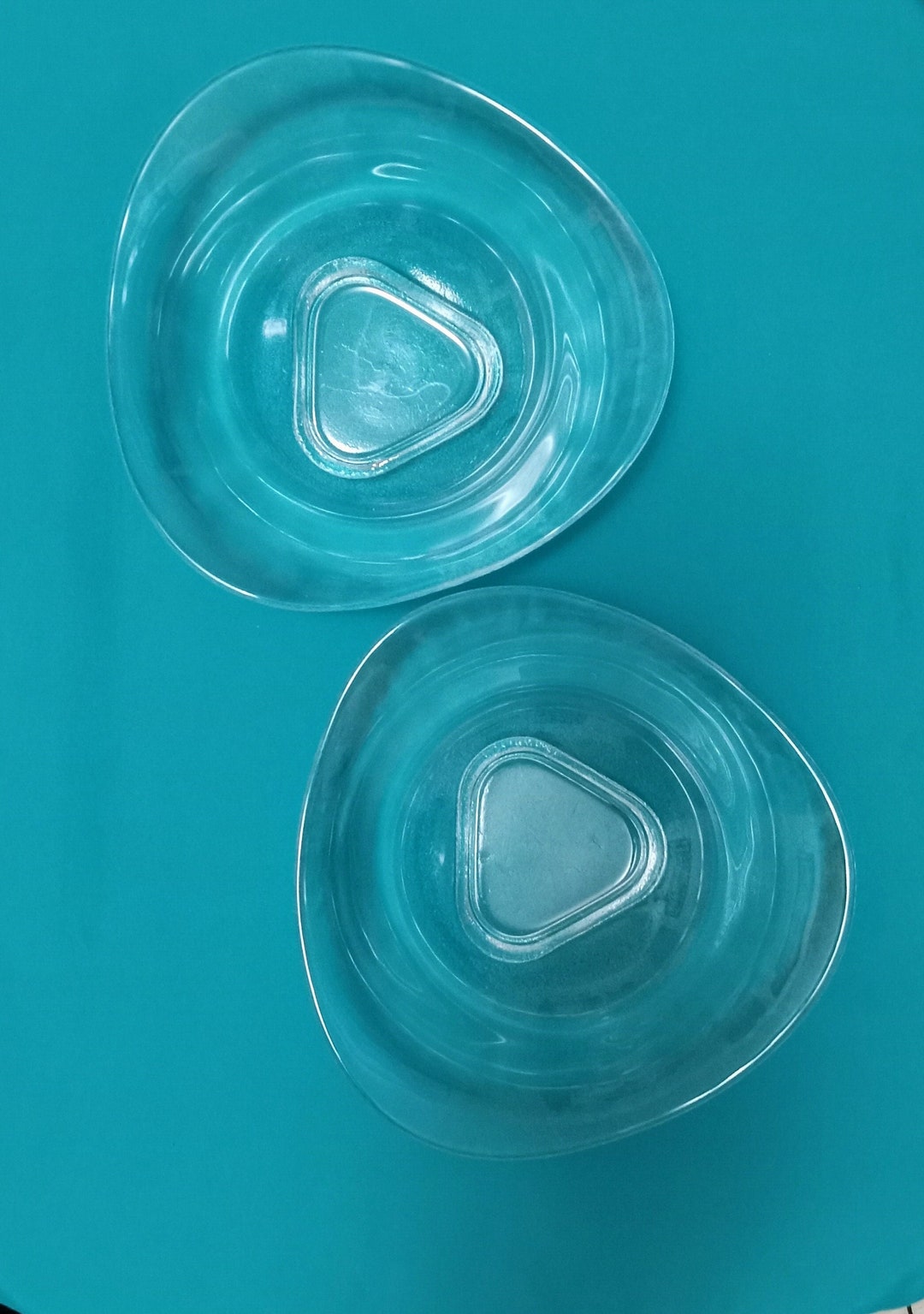 2 Vintage Large Hand-blown Clear Glass, Rounded Corner Triangle Bowls ...