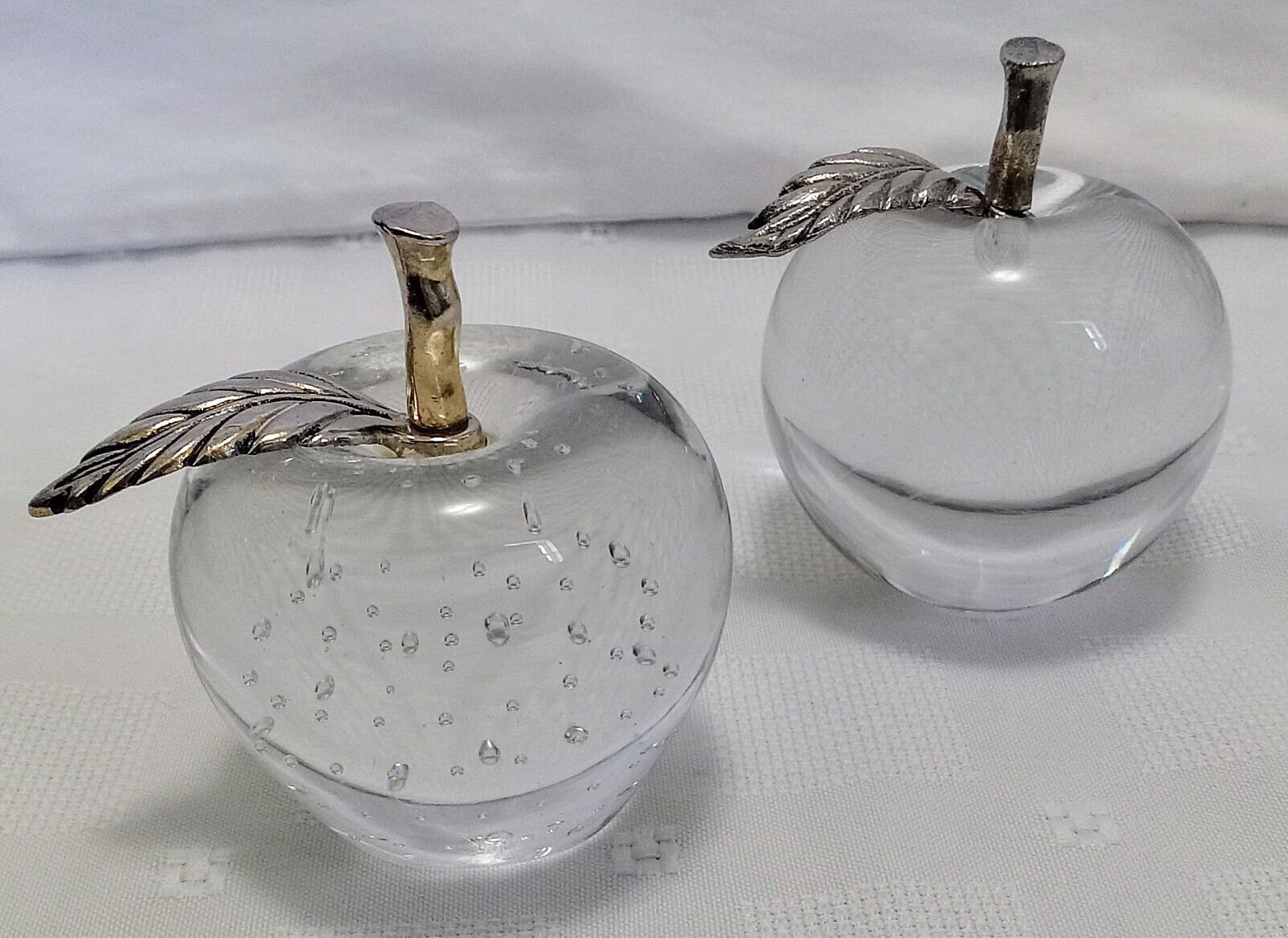 Blown Glass Apples. 1 is Clear With A Sterling Silver Stem and Leaf. 2 ...
