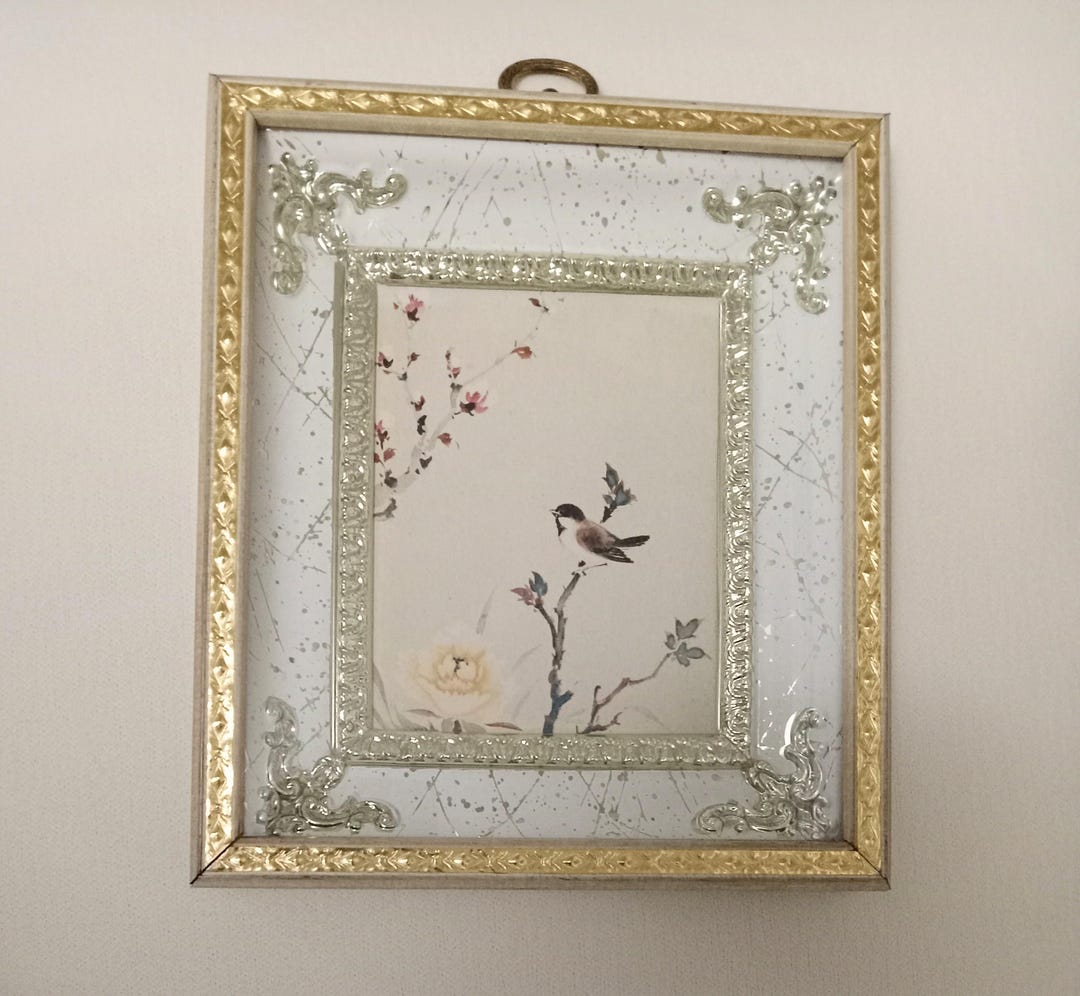 Metal Shadowbox Style, Gold Ornate Picture of A Chickadee and Flowers ...