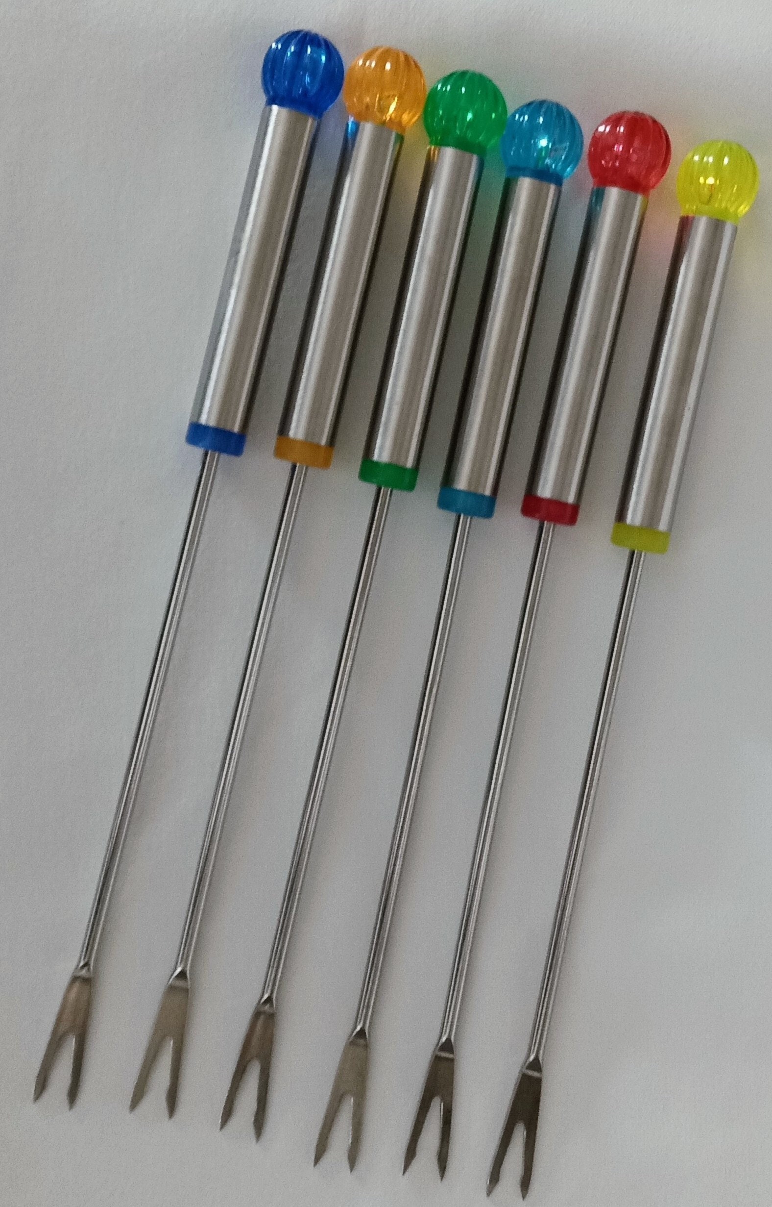 6 Hoffritz 1932-1996 Stainless Steel Fondue Forks in 6 Different Colors ...