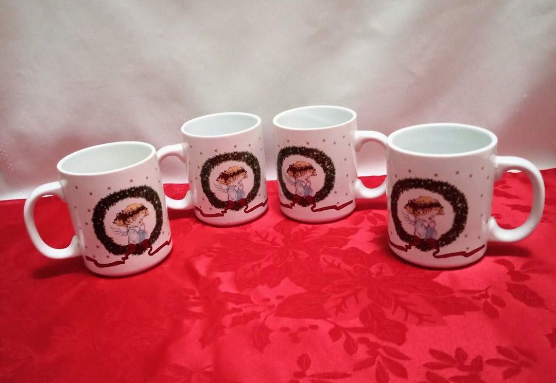 4 Praying Angel Mugs. With A Wreath and Red Bow Sourounded by - Etsy