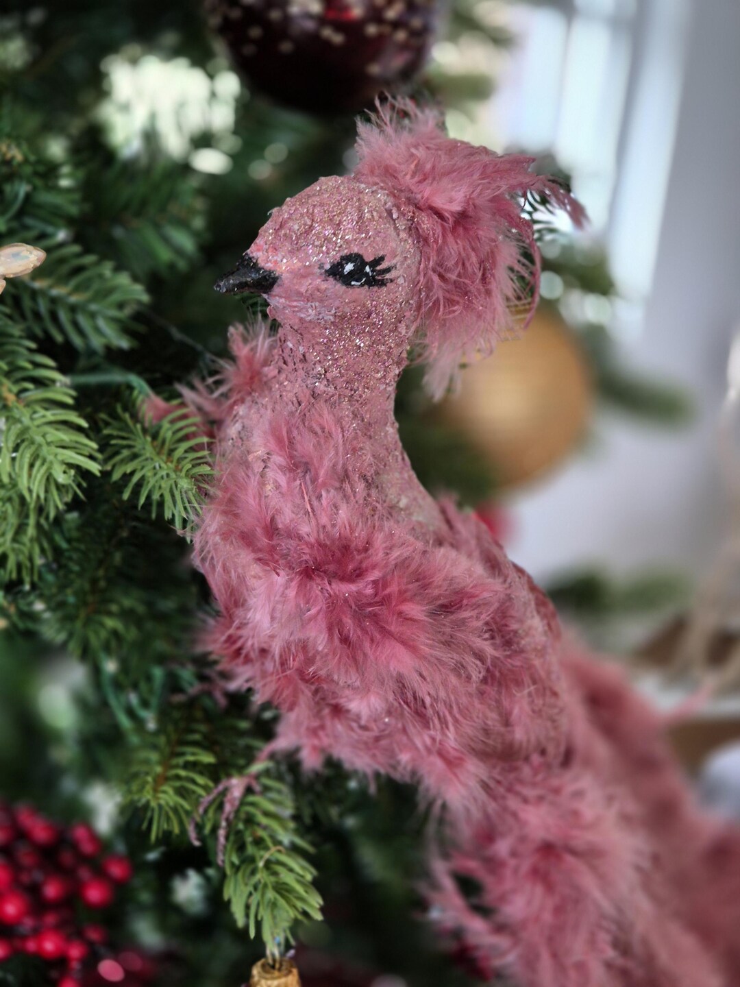 Pink Feather Bird Christmas Tree Topper Vintage Holiday Ornament Shabby ...