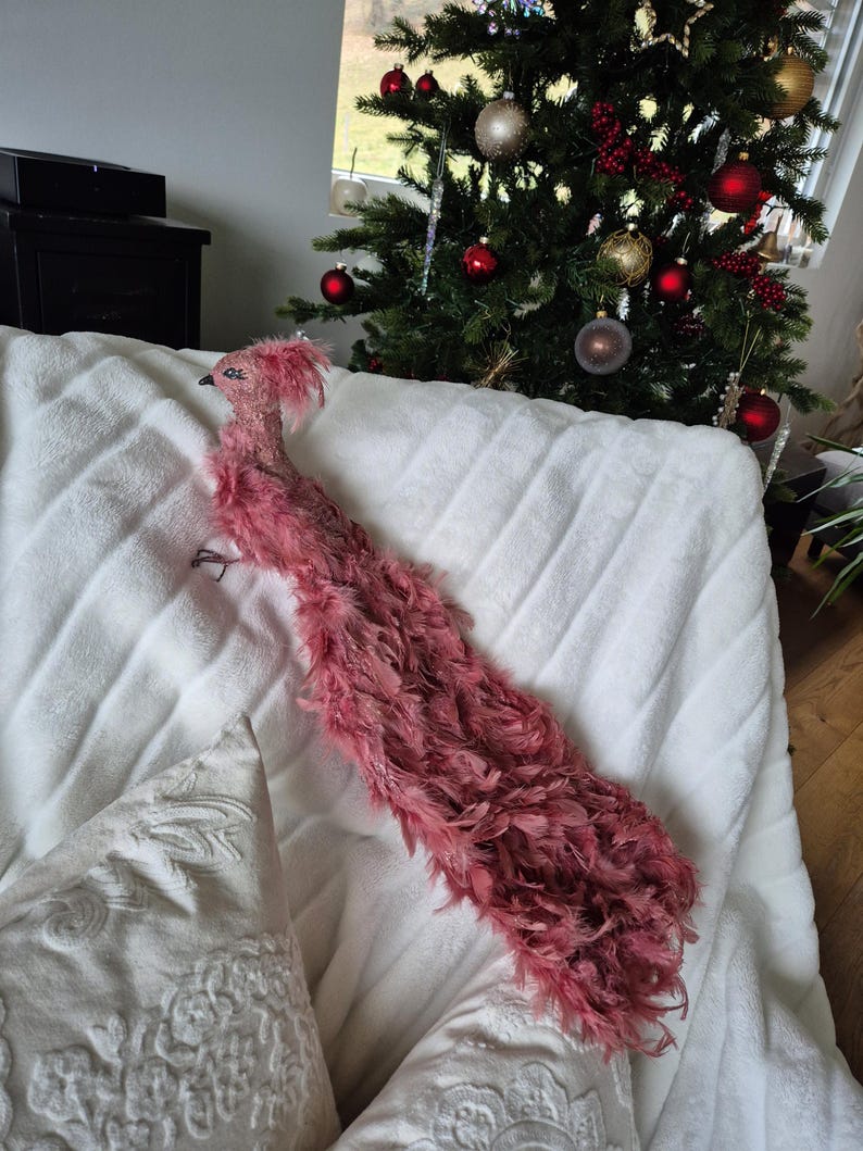 Pink Feather Bird Christmas Tree Topper Vintage Holiday Ornament Shabby ...