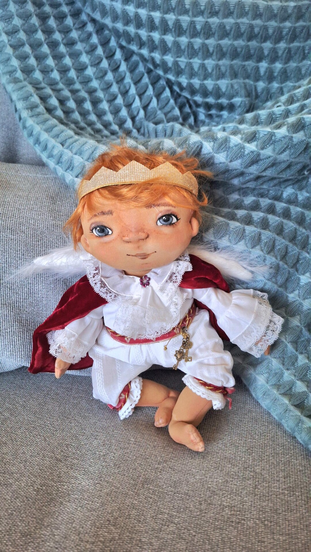 Angel Prince Handmade Textile Doll With Wings Red Velvet Cape and Magic ...