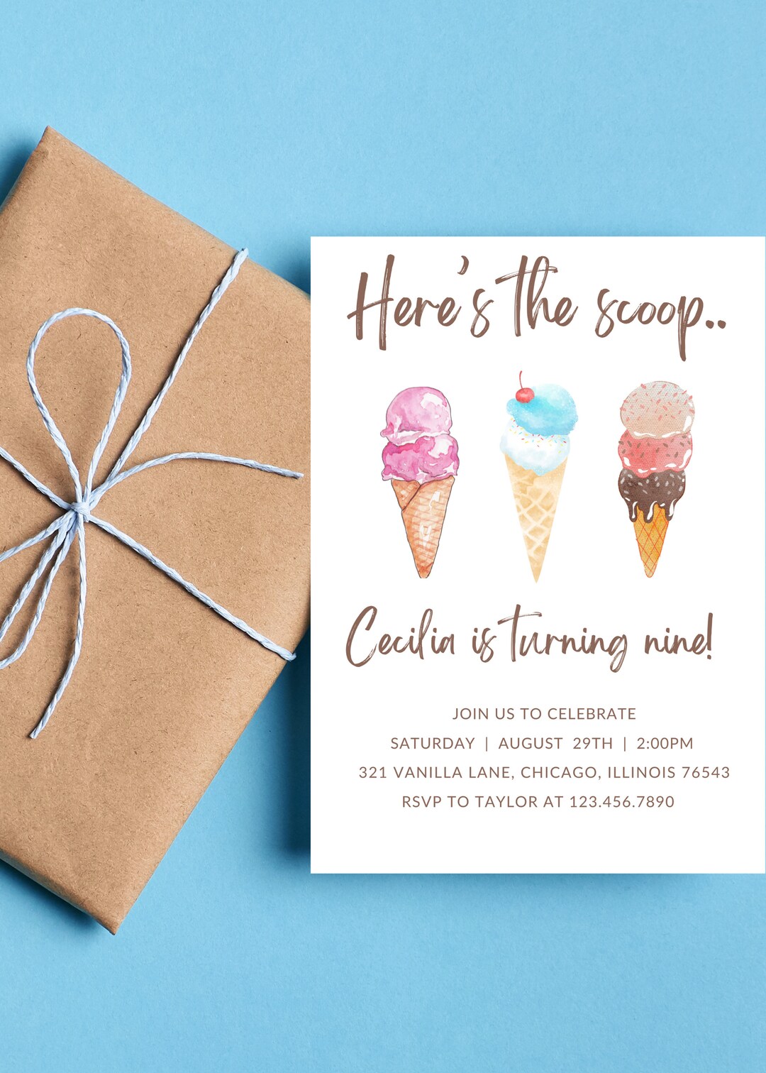 Here's the Scoop Ice Cream Birthday Invitation Canva Editable Digital ...