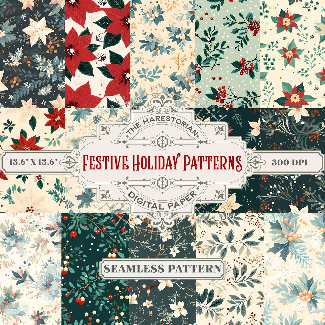Festive Holiday Patterns (set of 30), Christmas, Poinsettias, Mistletoe ...
