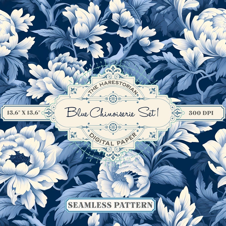 Blue Chinoiserie (set of 20), Eastern Asian Pattern, Digital Art ...