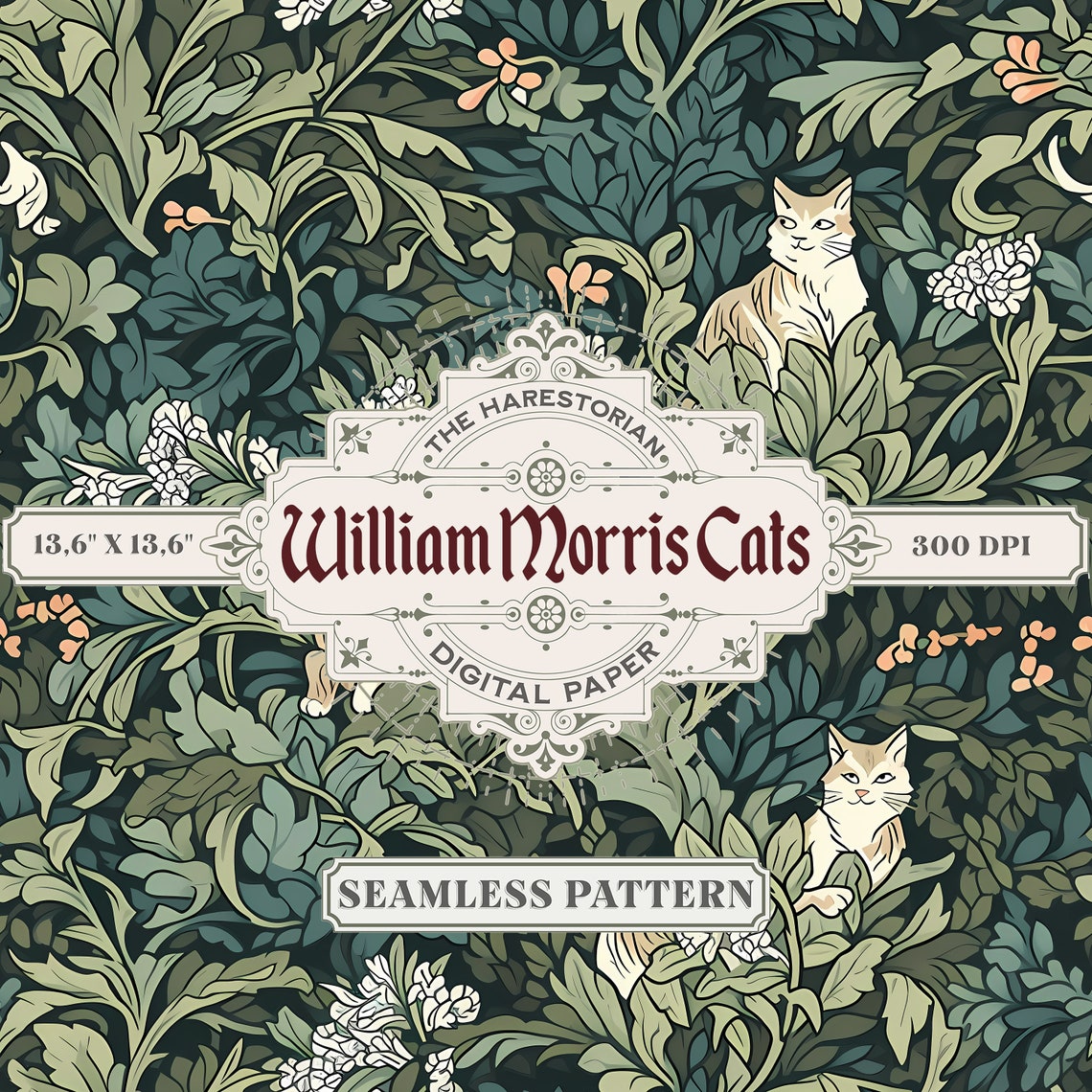 William Morris CATS (set of 16), Victorian English Cat Pattern, Digital ...