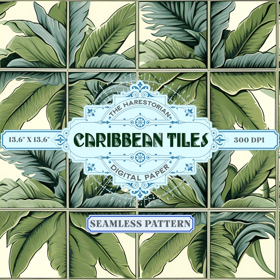 Caribbean Tiles (set of 18), Tropical, Summer, Palm Leaves, Digital Art ...