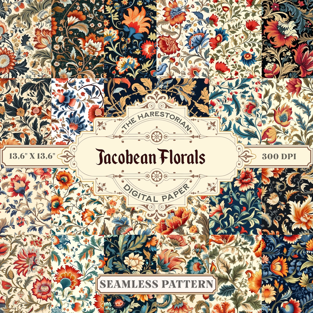 Jacobean Flowers (set of 22), English Pattern, Digital Art, Instant ...