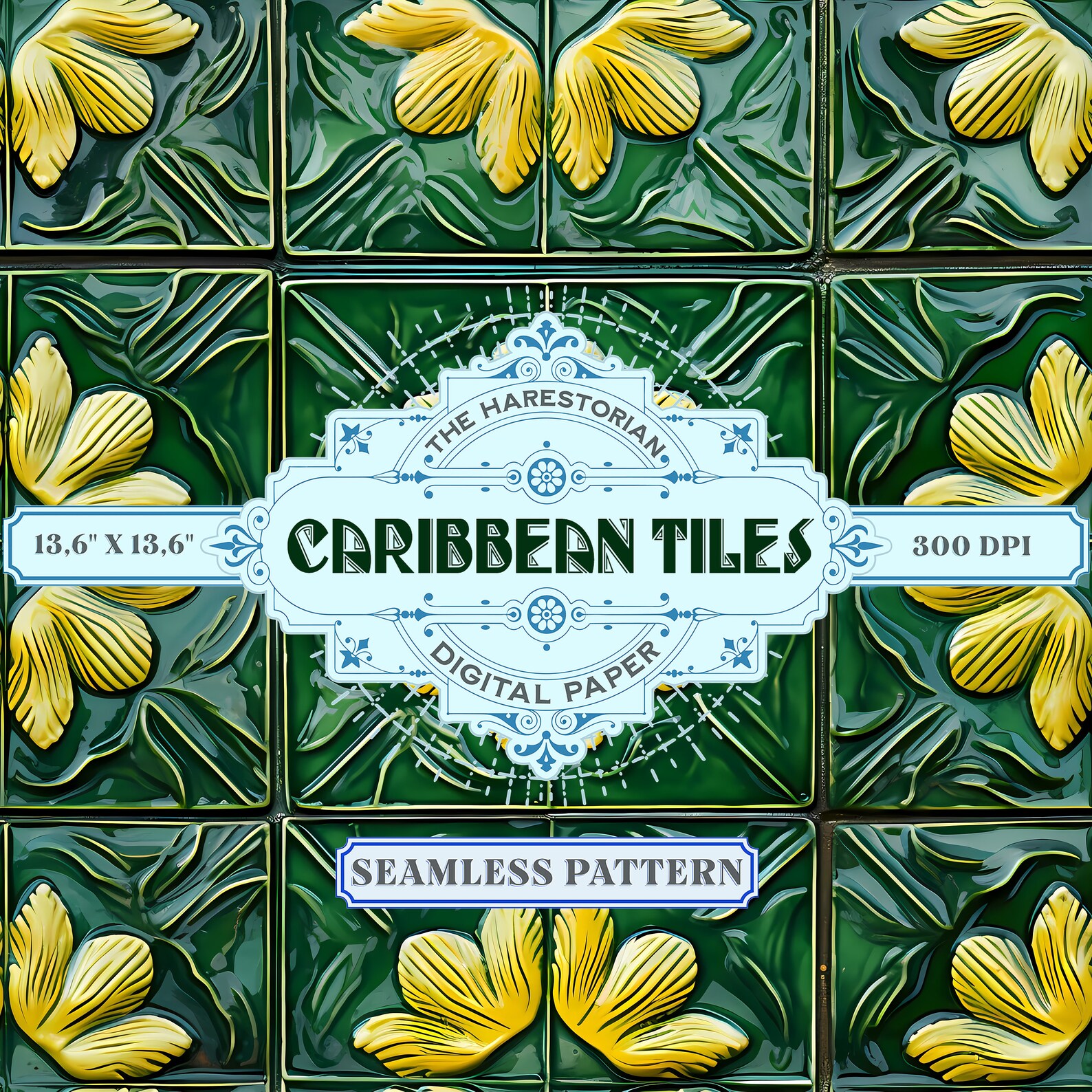 Caribbean Tiles (set of 18), Tropical, Summer, Palm Leaves, Digital Art ...