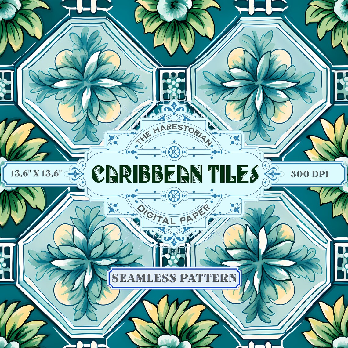 Caribbean Tiles (set of 18), Tropical, Summer, Palm Leaves, Digital Art ...