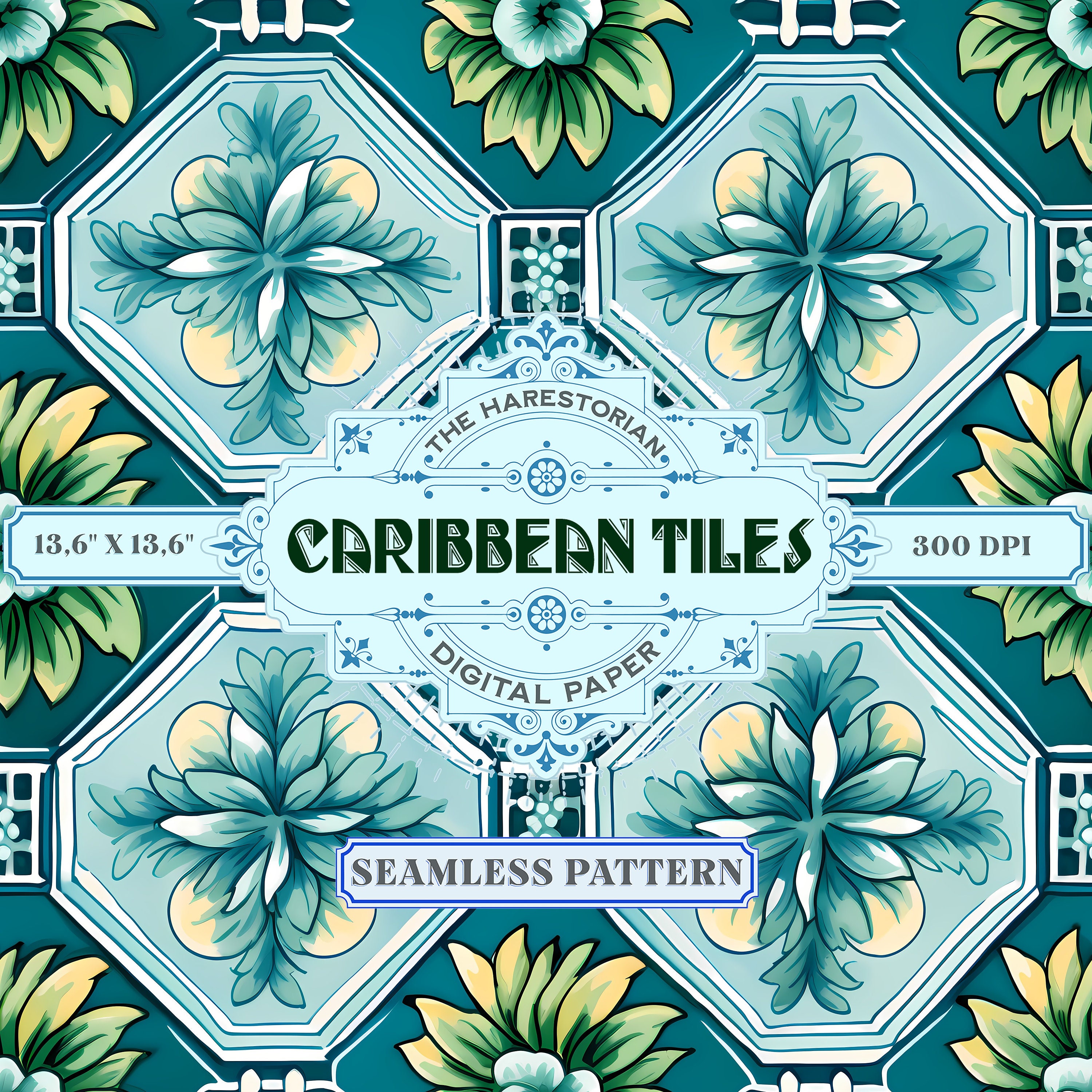 Caribbean Tiles (set of 18), Tropical, Summer, Palm Leaves, Digital Art ...
