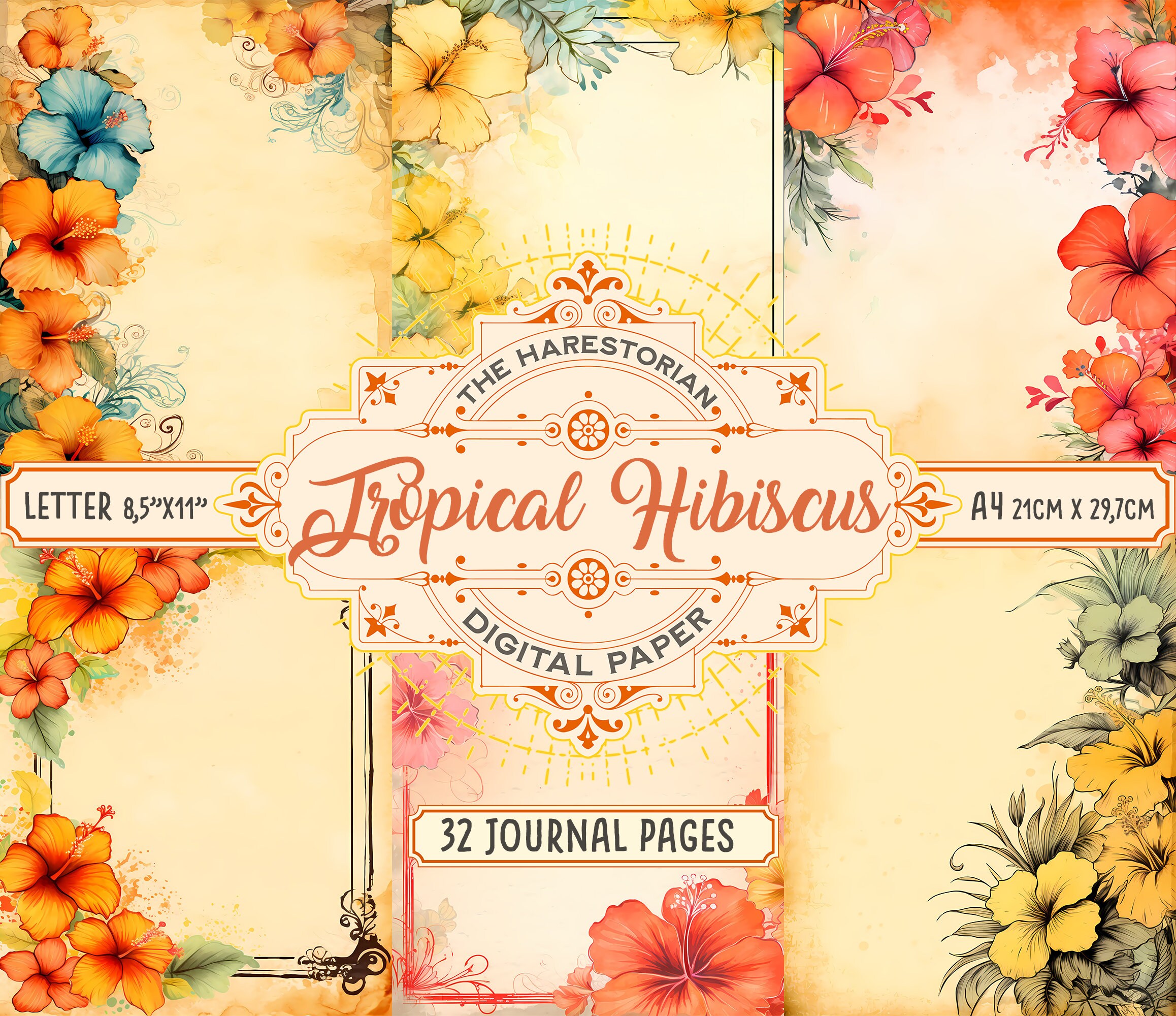 Tropical Hibiscus (set of 32), Junk Journal Pages, Letter & A4 ...