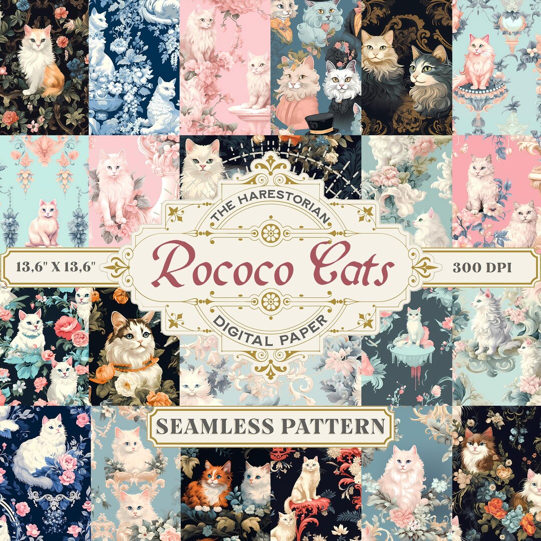 Rococo Cats (set of 22), Vintage Cat Wallpaper, Victorian, Digital Art ...