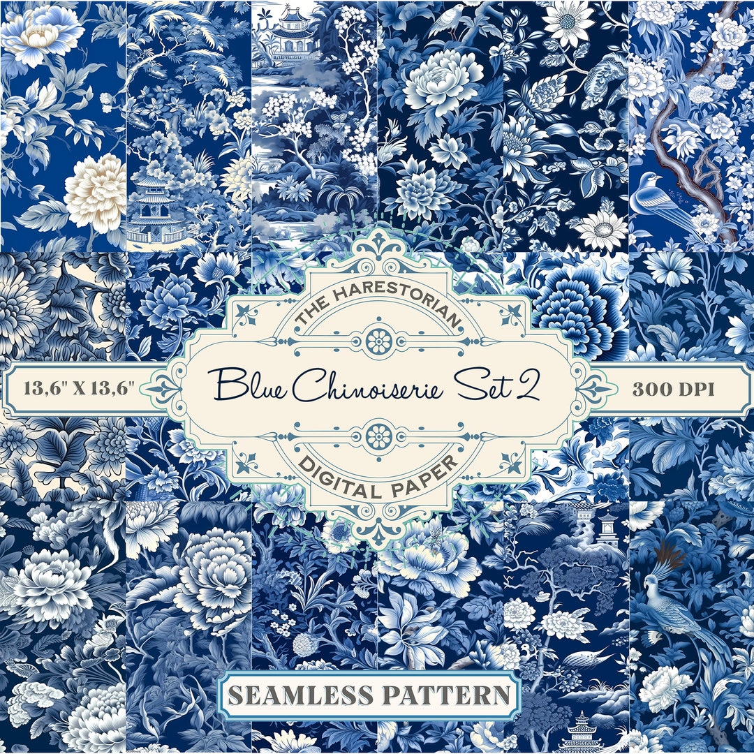 Blue Chinoiserie (set of 18), Eastern Asian Pattern, Birds, Digital Art ...