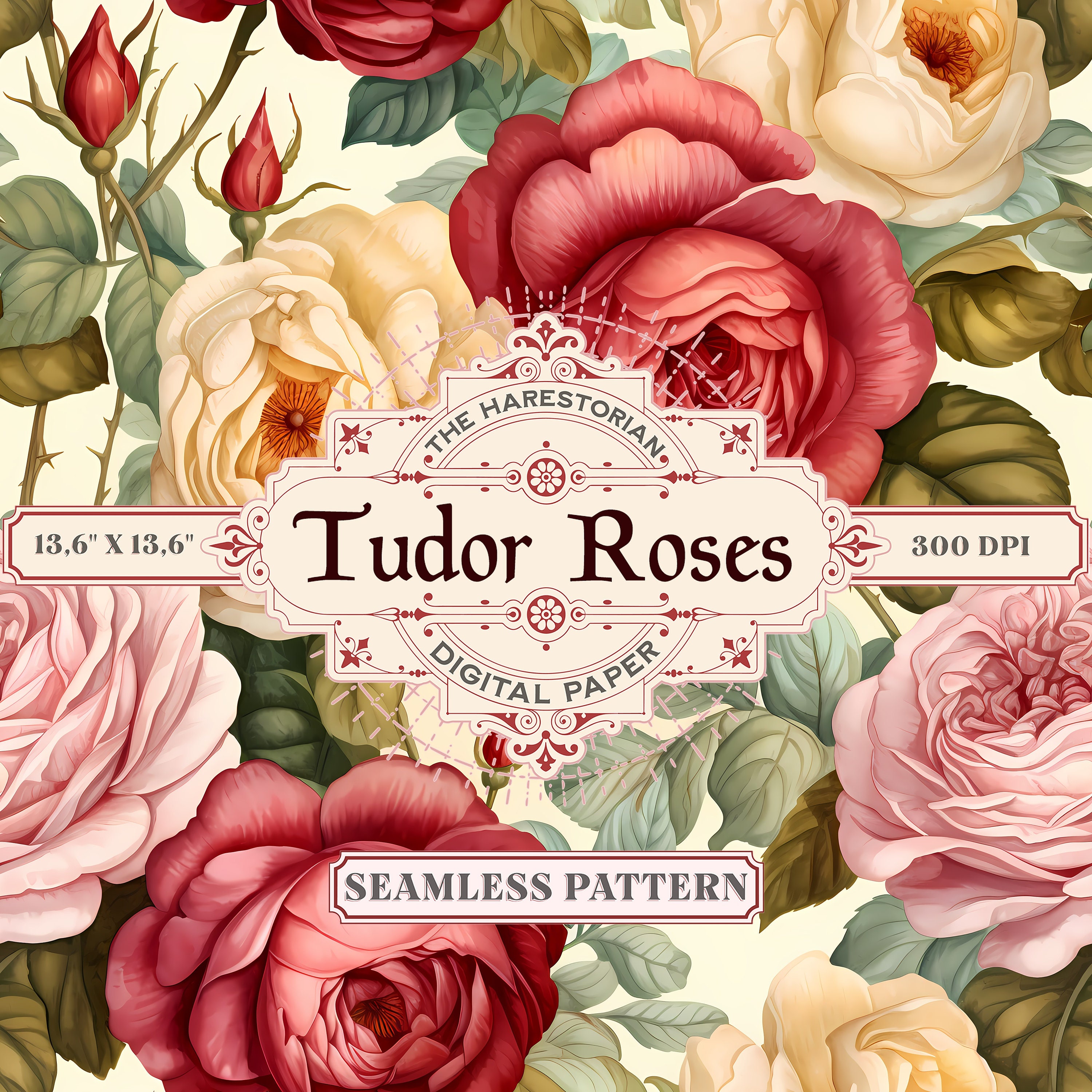 Tudor Roses (set of 20), English Rose Pattern, Elizabethan Era, Digital ...