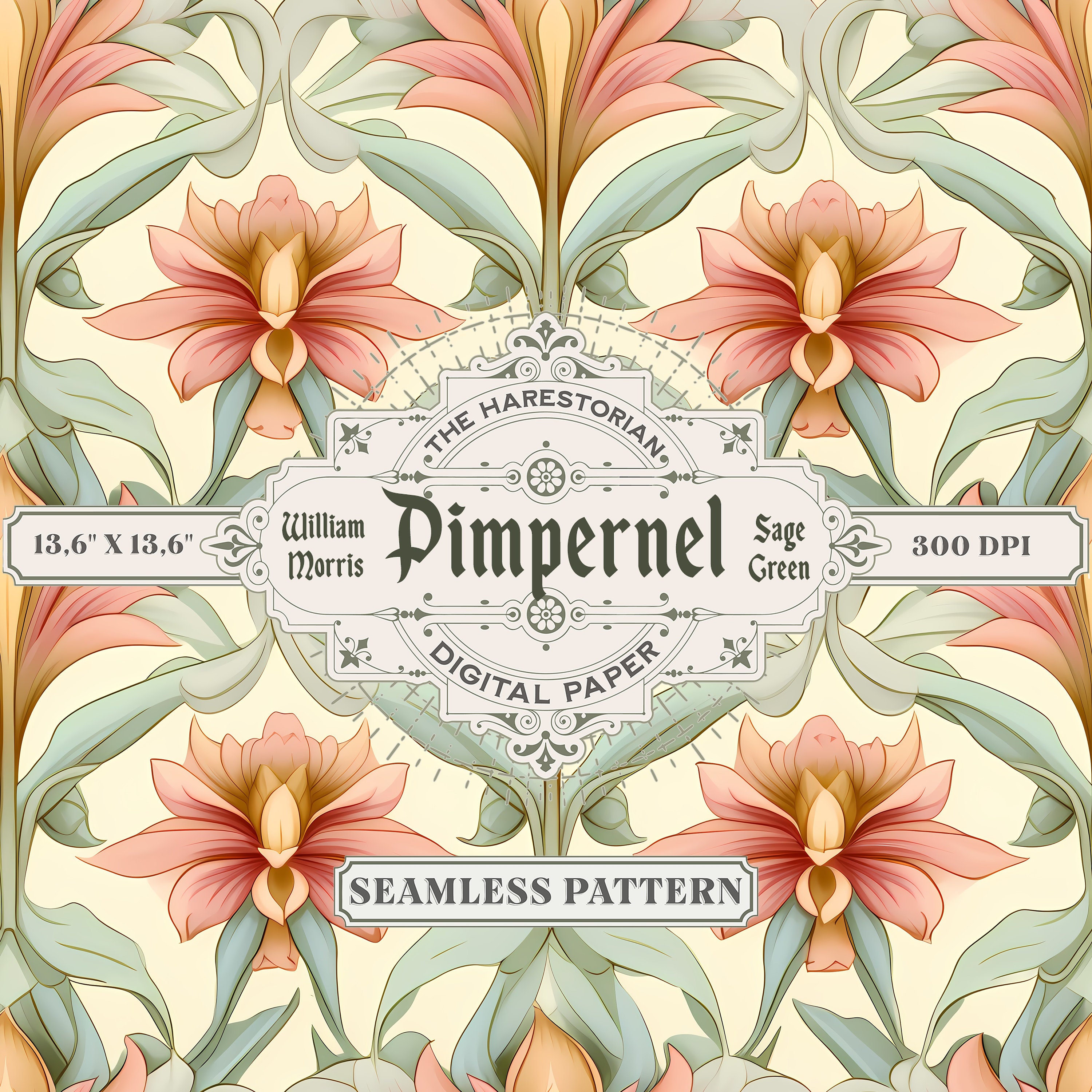 Pimpernel (set of 38) Sage Green, William Morris, Digital Art, Instant ...