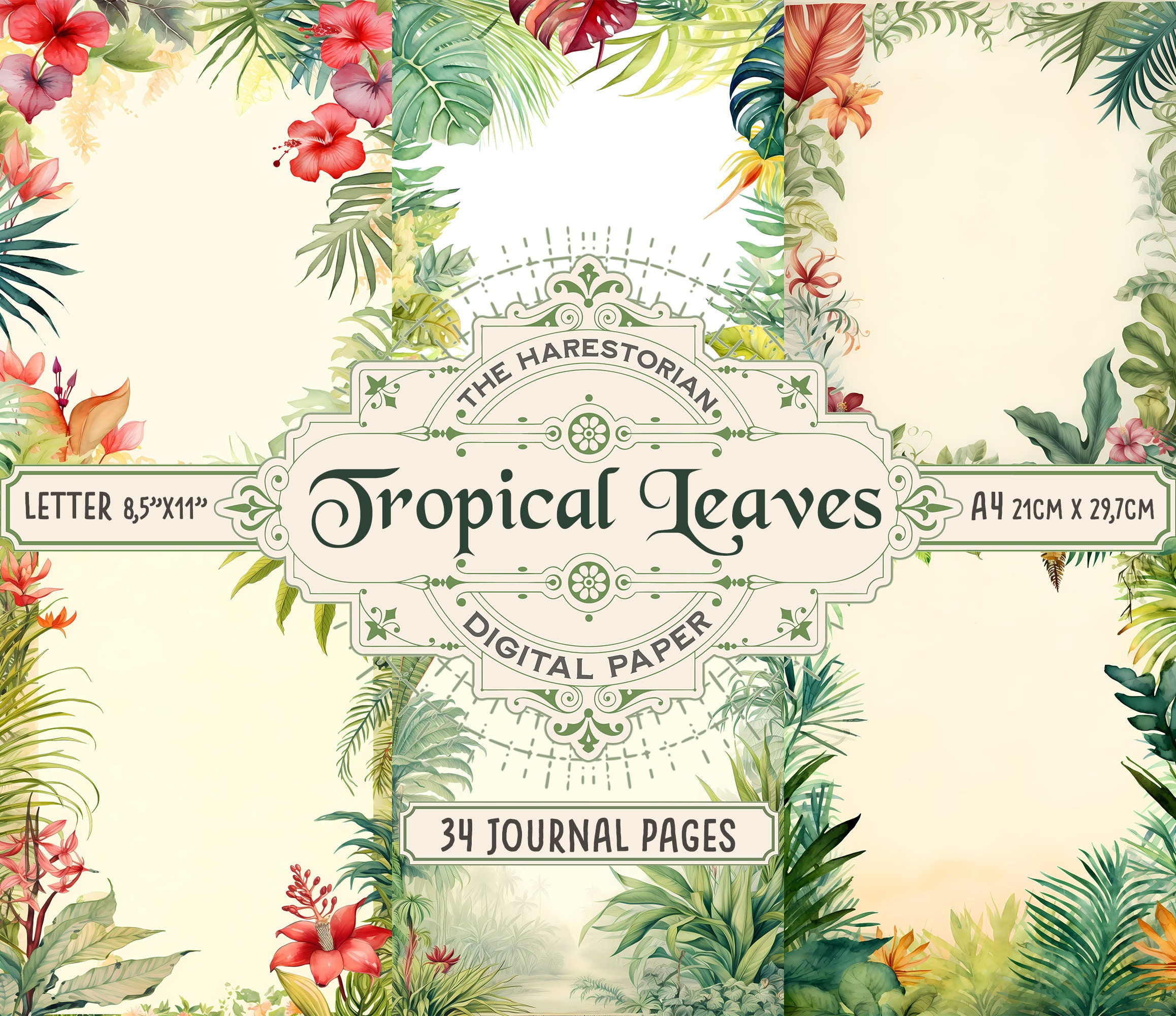 Tropical Leaves (set of 34), Junk Journal Pages, Letter & A4, Hawaiian ...